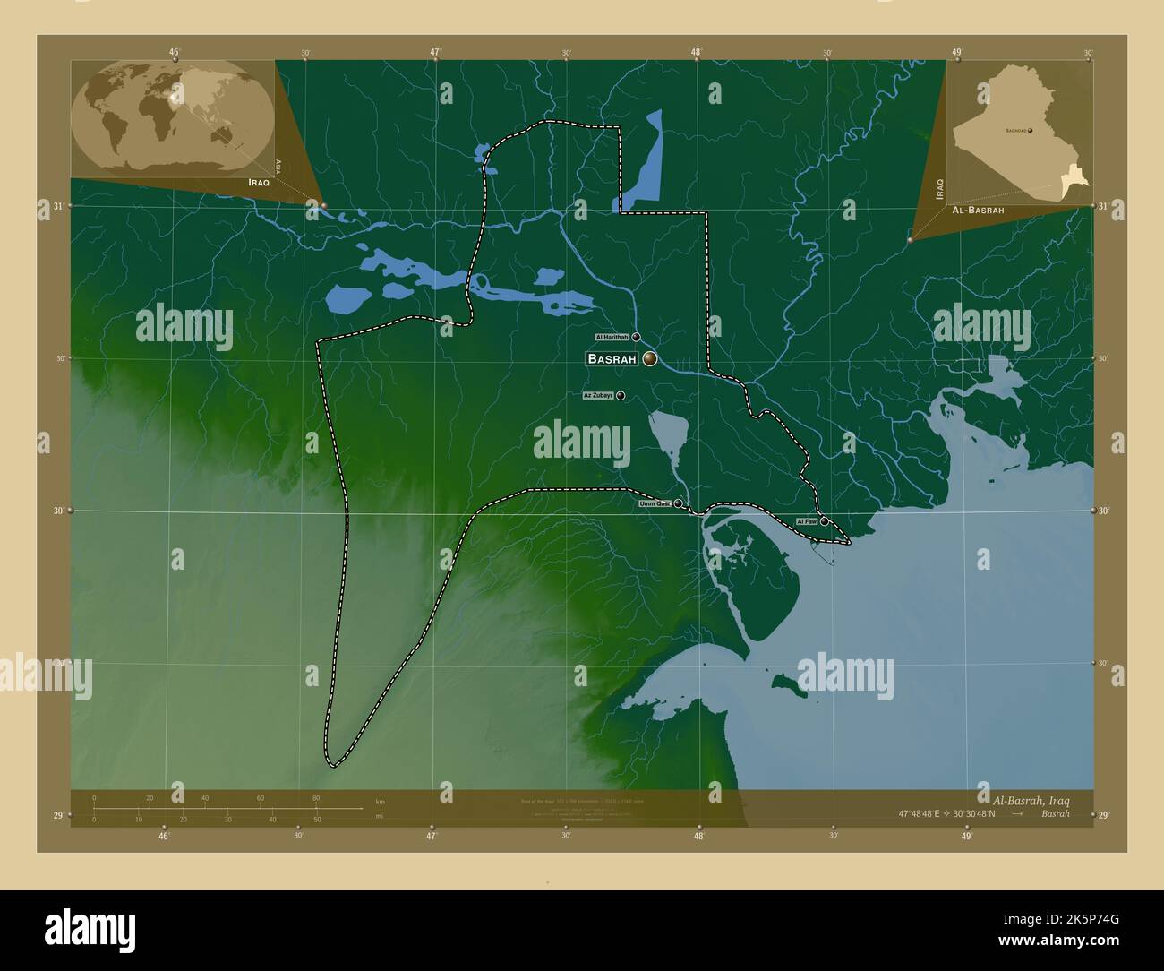 Al-Basrah, province of Iraq. Colored elevation map with lakes and ...