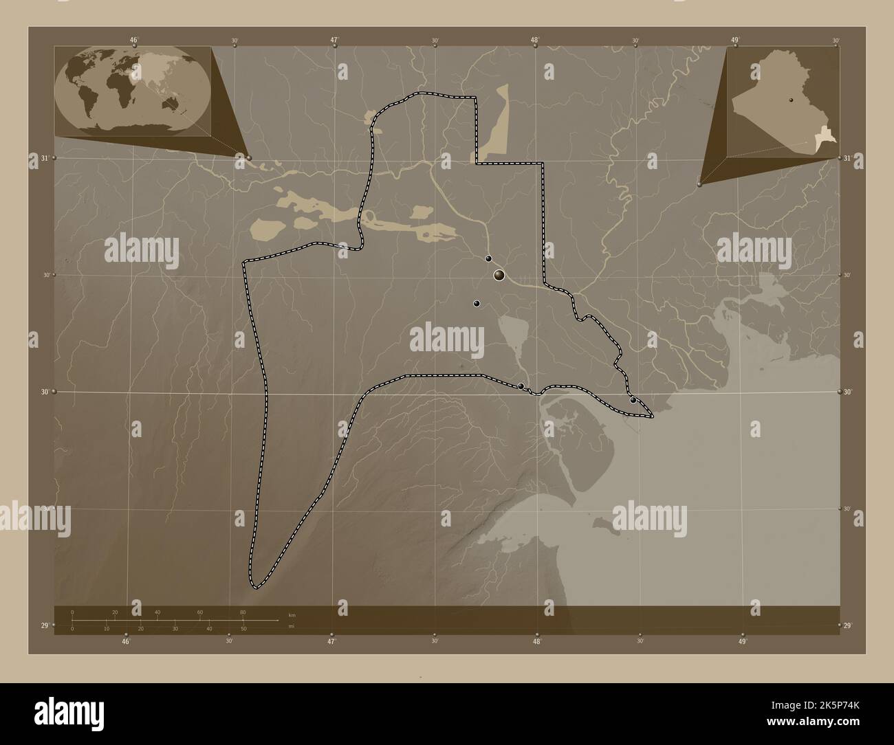 Al-Basrah, province of Iraq. Elevation map colored in sepia tones with ...