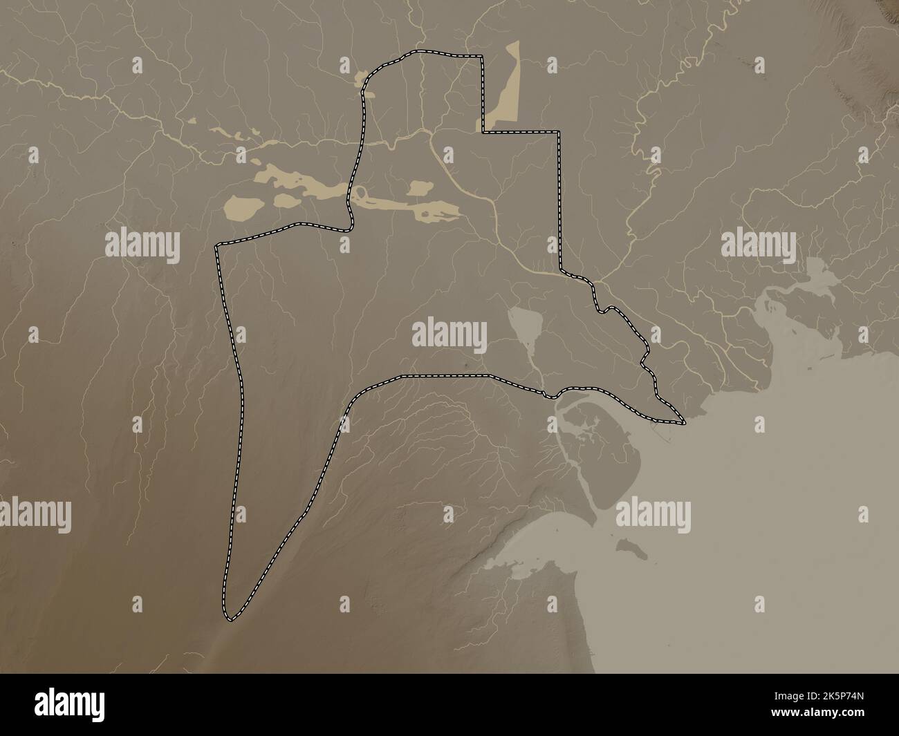 Al-Basrah, province of Iraq. Elevation map colored in sepia tones with ...