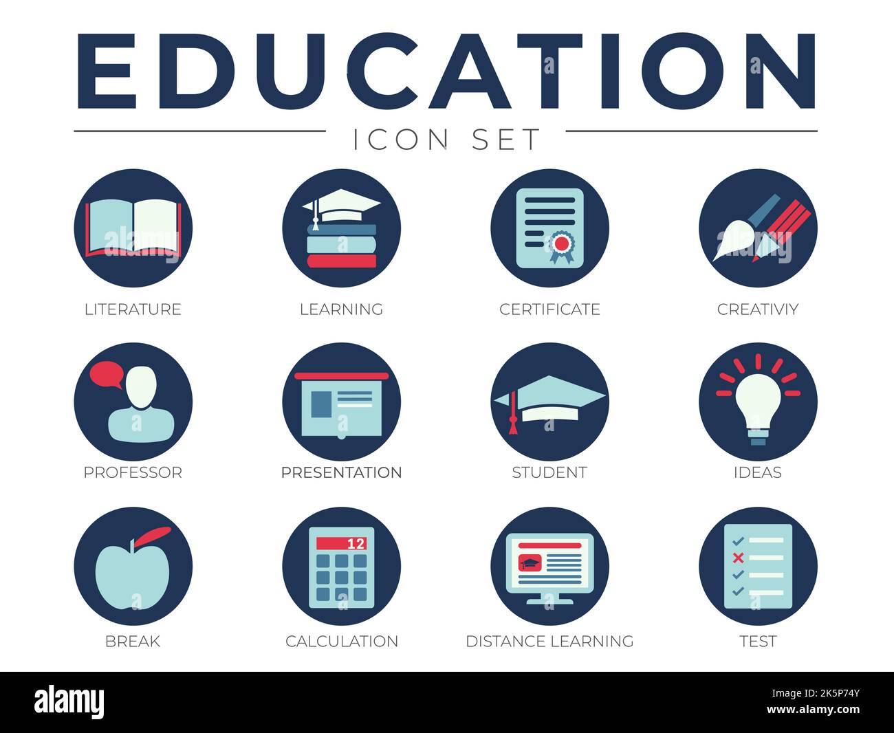 Flat Education School Icon Set. Literature, Learning, Certificate ...