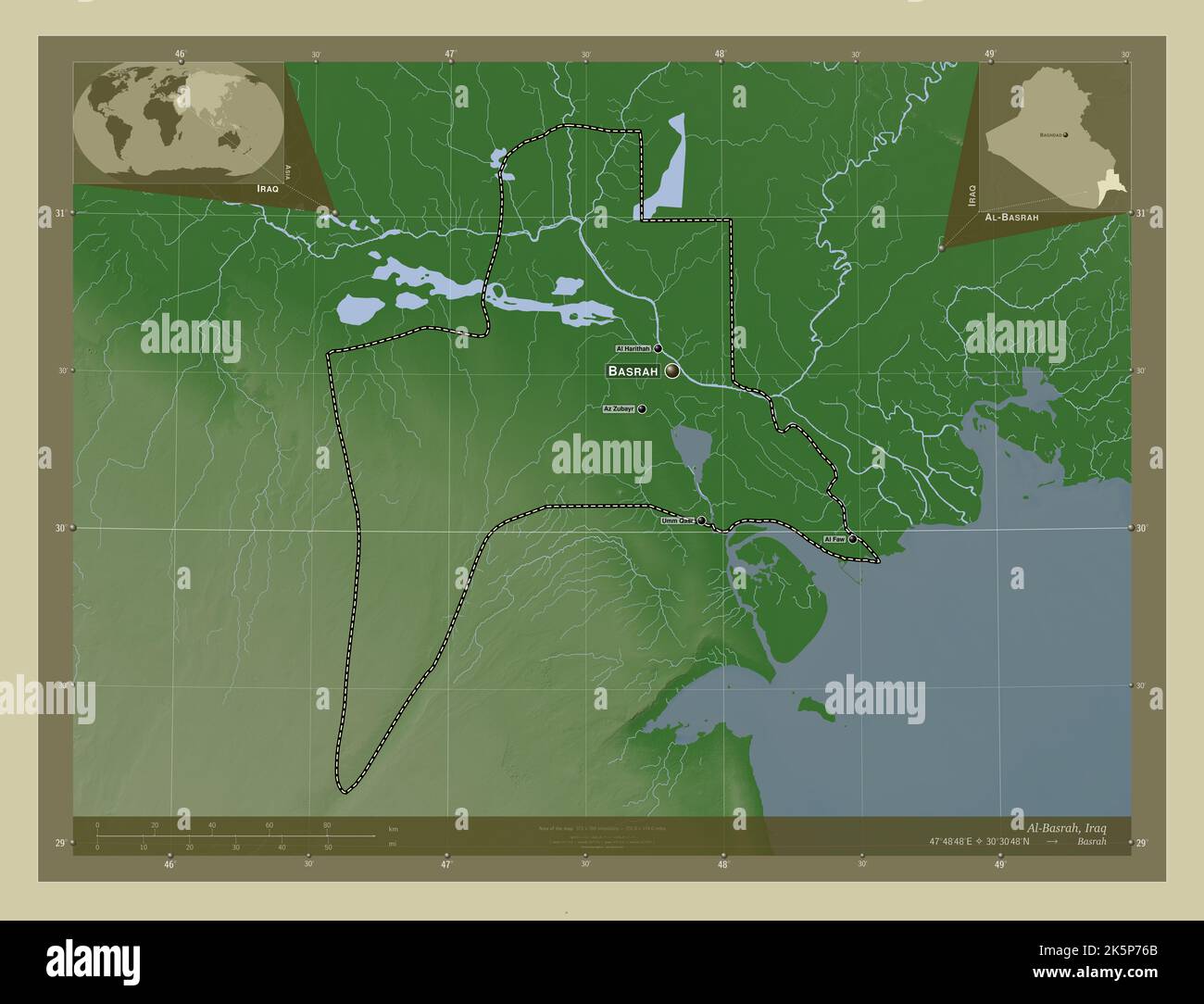 Al-Basrah, province of Iraq. Elevation map colored in wiki style with lakes and rivers ...