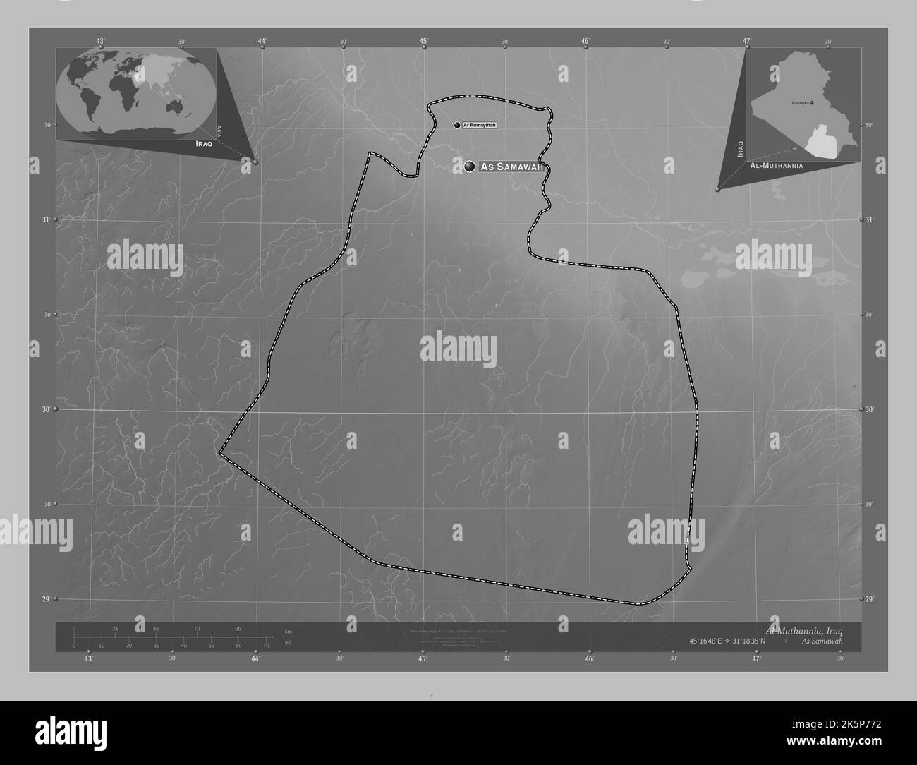 Al-Muthannia, province of Iraq. Grayscale elevation map with lakes and rivers. Locations and ...