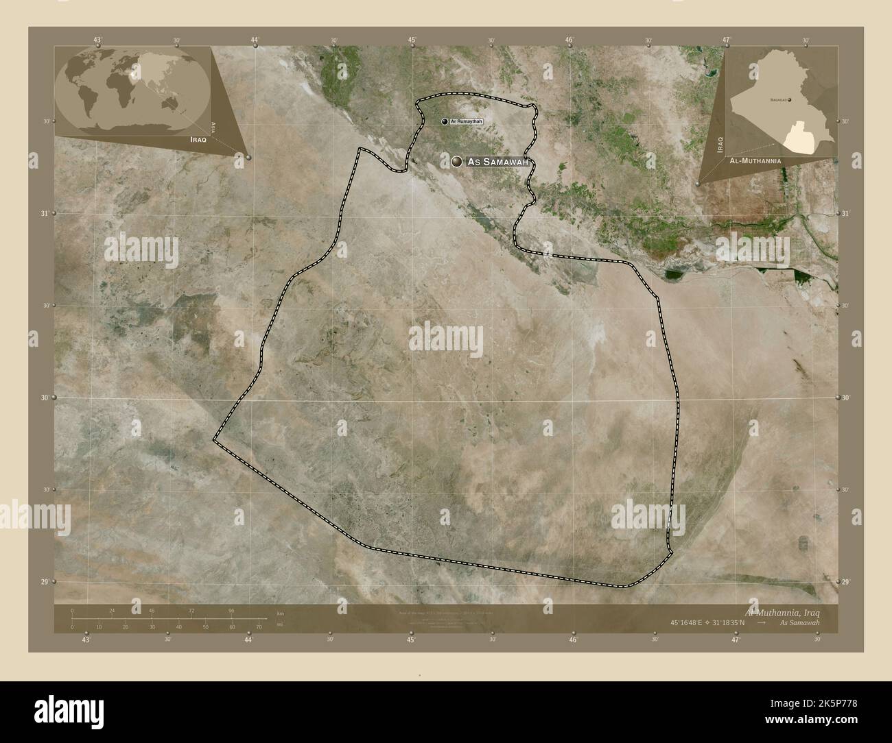 Al-Muthannia, province of Iraq. High resolution satellite map. Locations and names of major ...