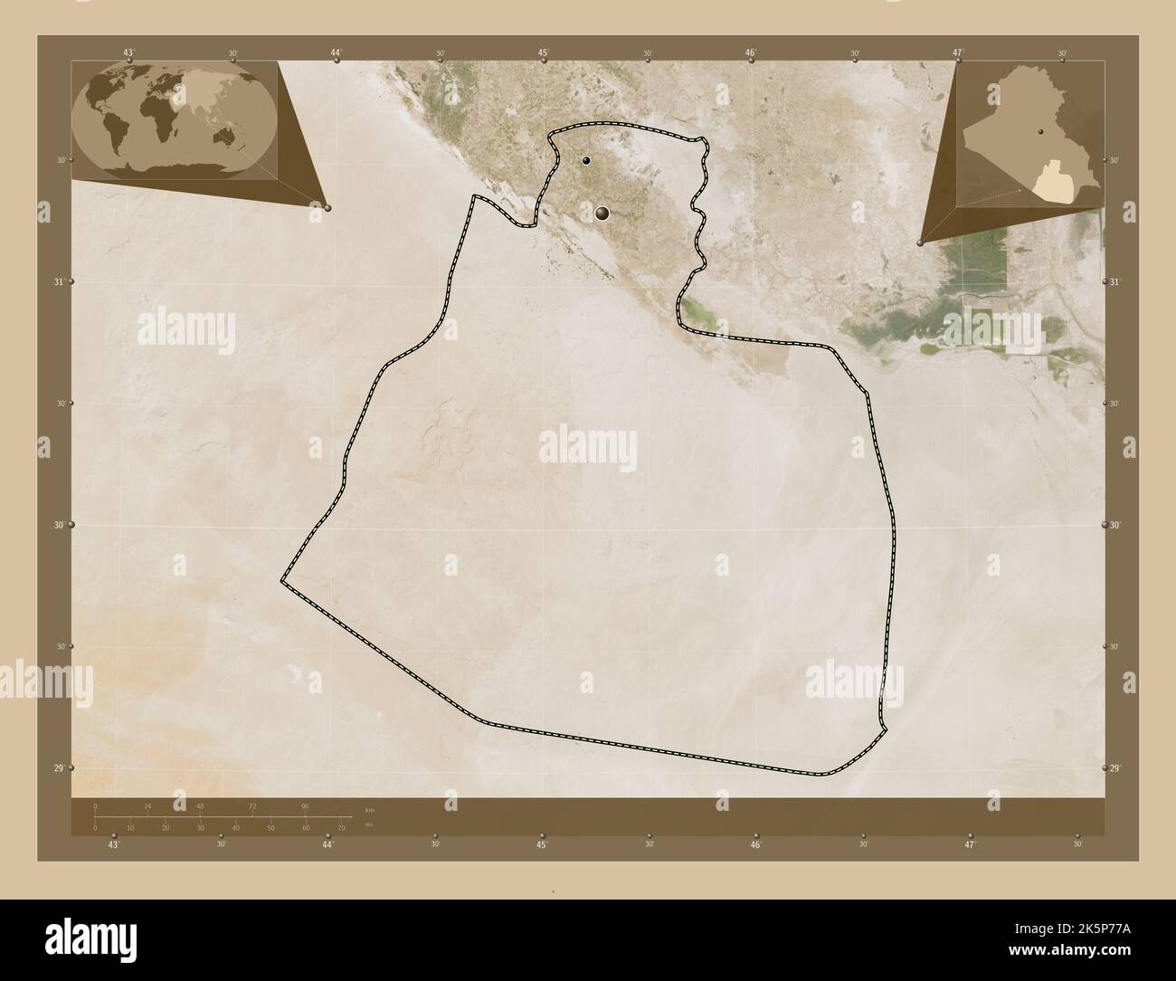 Al-Muthannia, province of Iraq. Low resolution satellite map. Locations ...