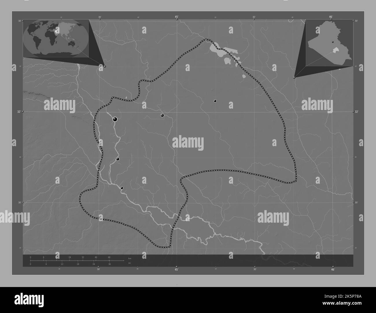 Al-Qadisiyah, province of Iraq. Bilevel elevation map with lakes and ...