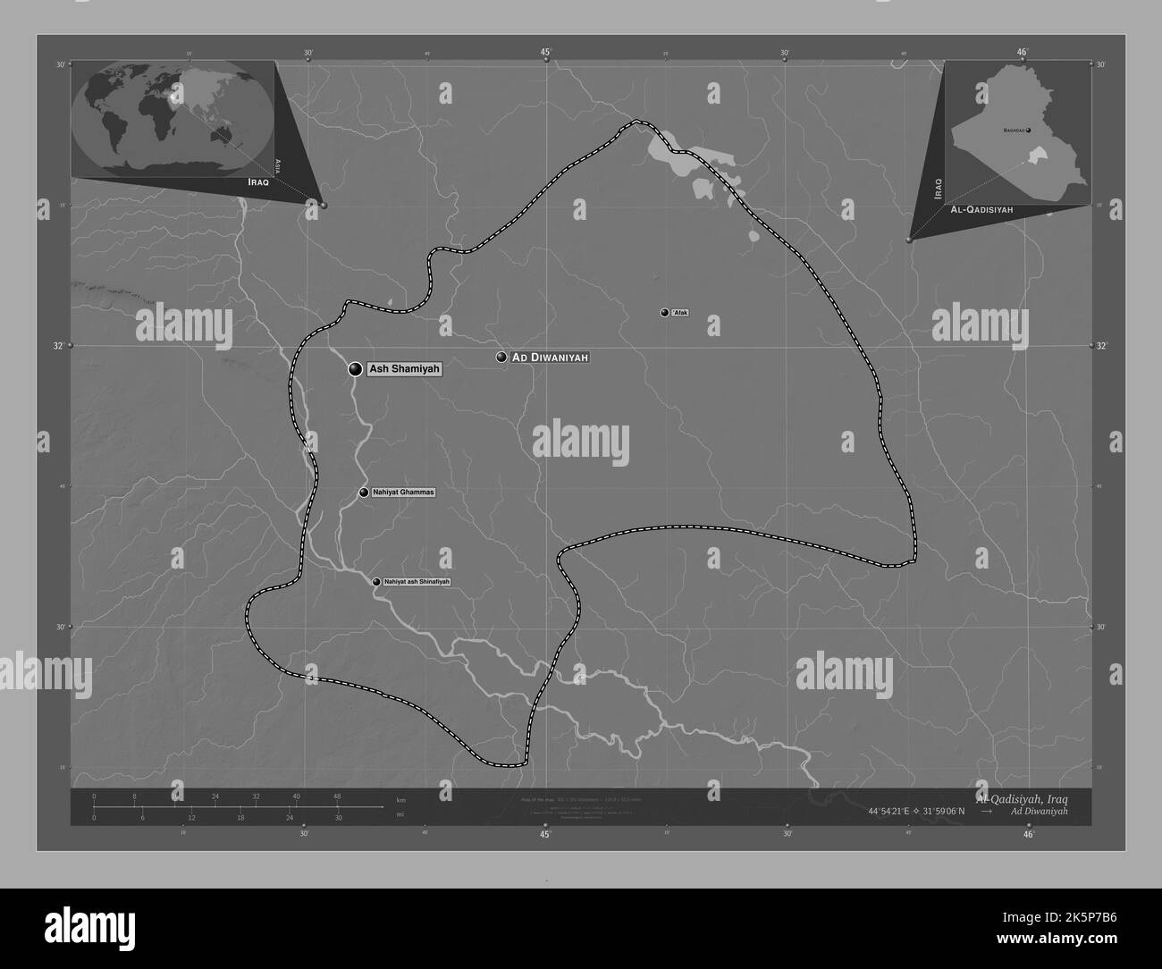 Al-Qadisiyah, province of Iraq. Bilevel elevation map with lakes and ...