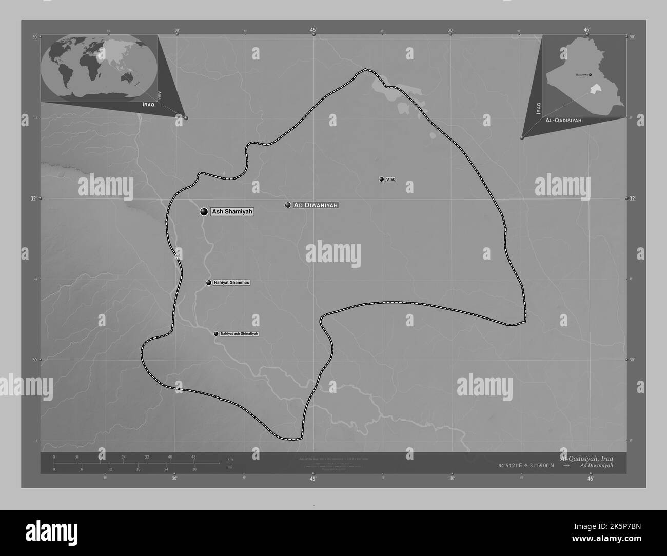 Al-Qadisiyah, province of Iraq. Grayscale elevation map with lakes and ...