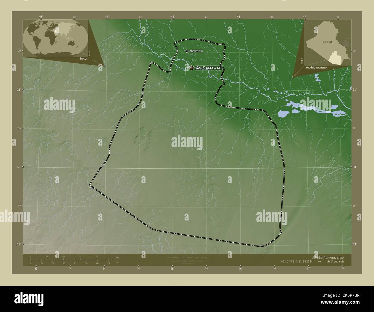 Al-Muthannia, province of Iraq. Elevation map colored in wiki style with lakes and rivers ...