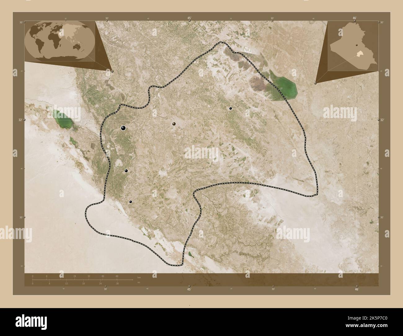 Al-Qadisiyah, province of Iraq. Low resolution satellite map. Locations ...