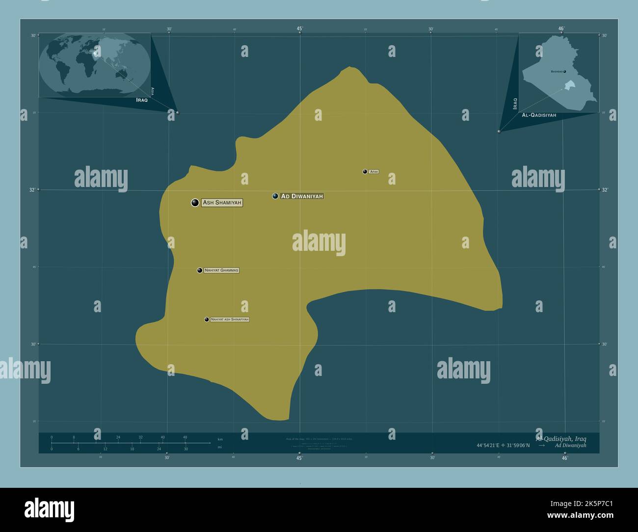 Al-Qadisiyah, province of Iraq. Solid color shape. Locations and names ...