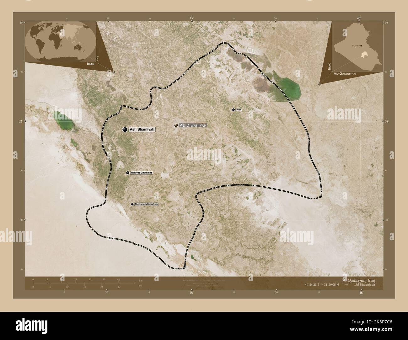 Al-Qadisiyah, province of Iraq. Low resolution satellite map. Locations ...