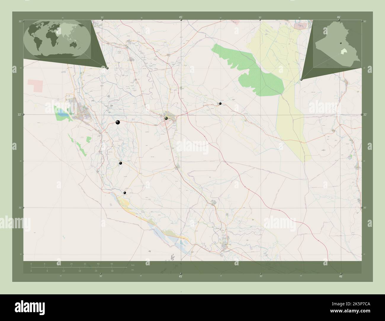 Al-Qadisiyah, province of Iraq. Open Street Map. Locations of major ...