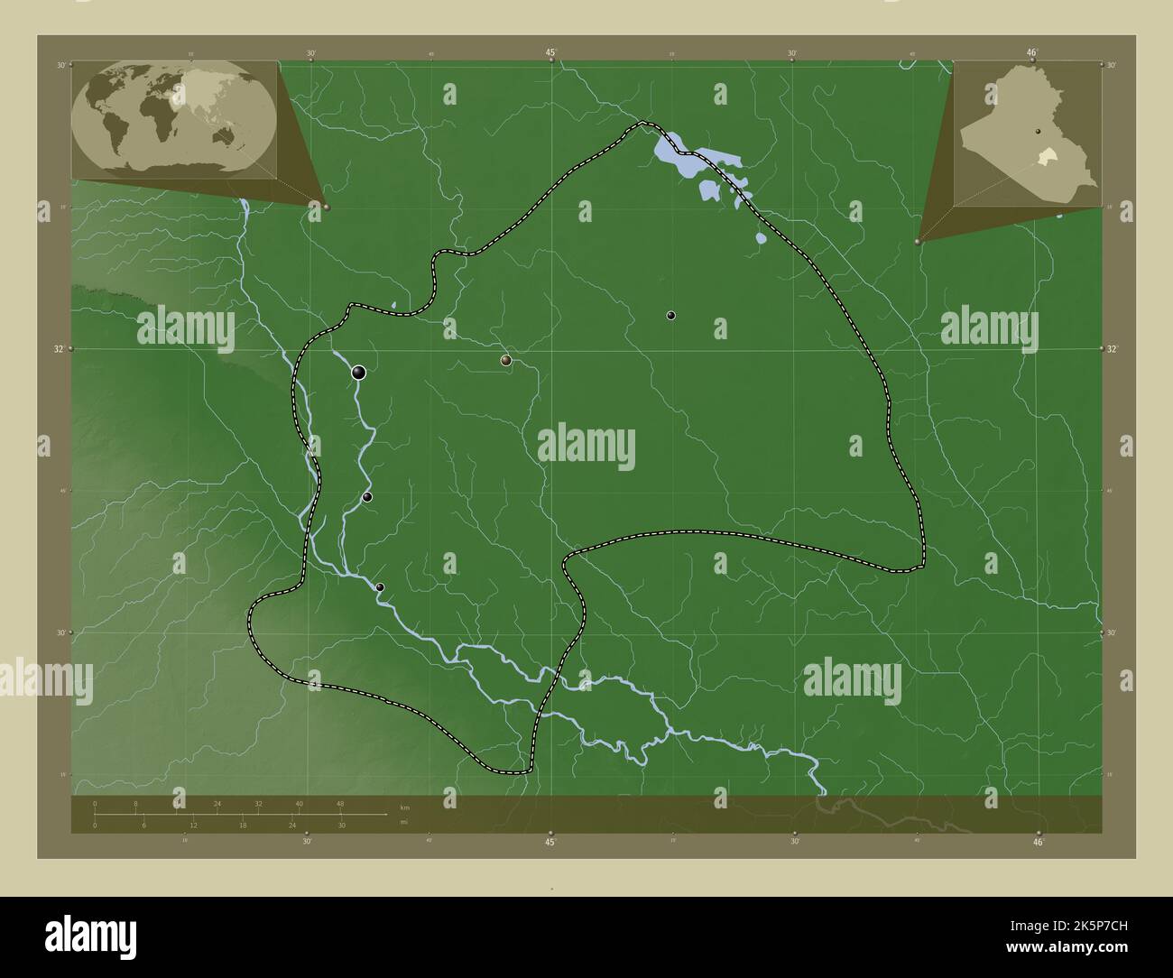 Al-Qadisiyah, province of Iraq. Elevation map colored in wiki style with lakes and rivers ...