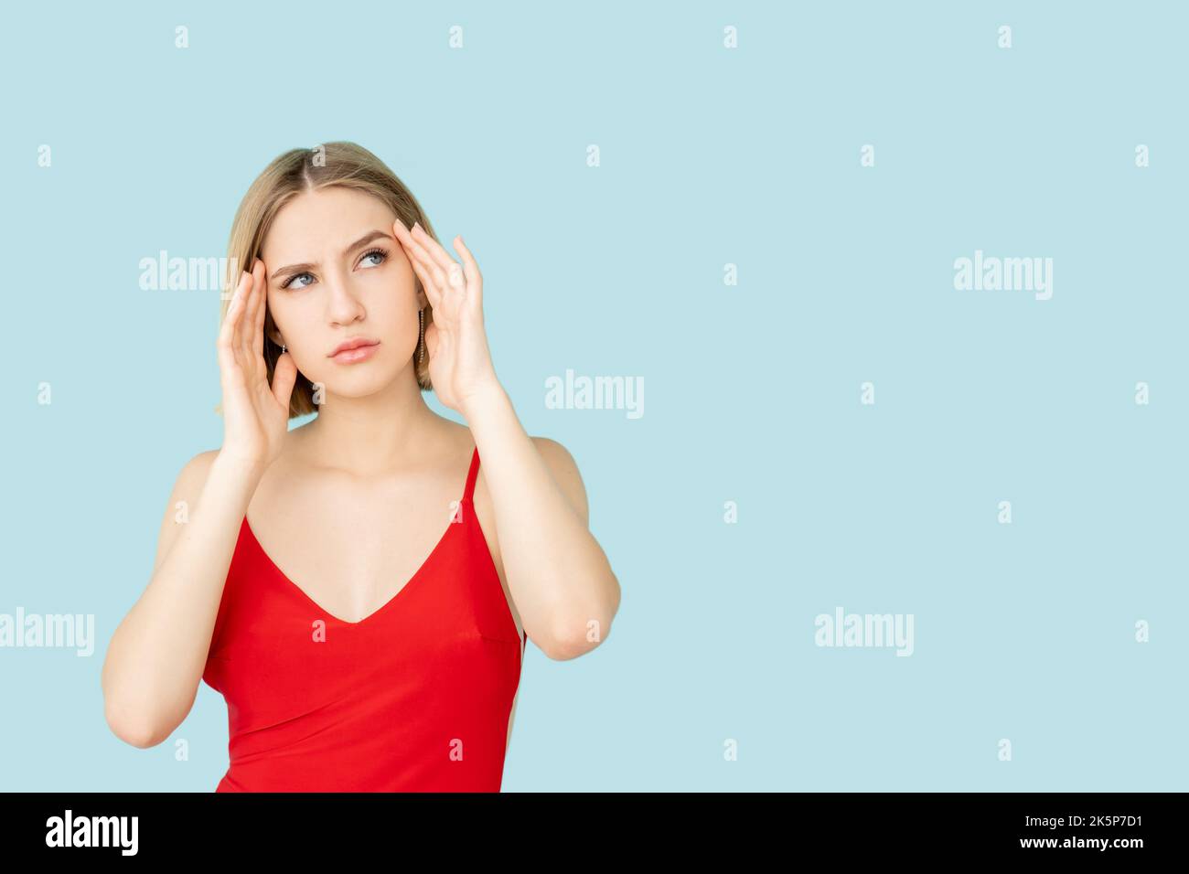 Mental pressure. Puzzled woman. Find decision. Make choice. Control ...