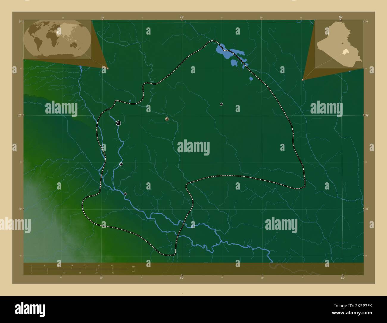 Al-Qadisiyah, province of Iraq. Colored elevation map with lakes and ...