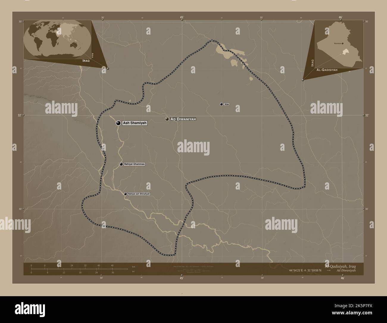 Al-Qadisiyah, province of Iraq. Elevation map colored in sepia tones ...