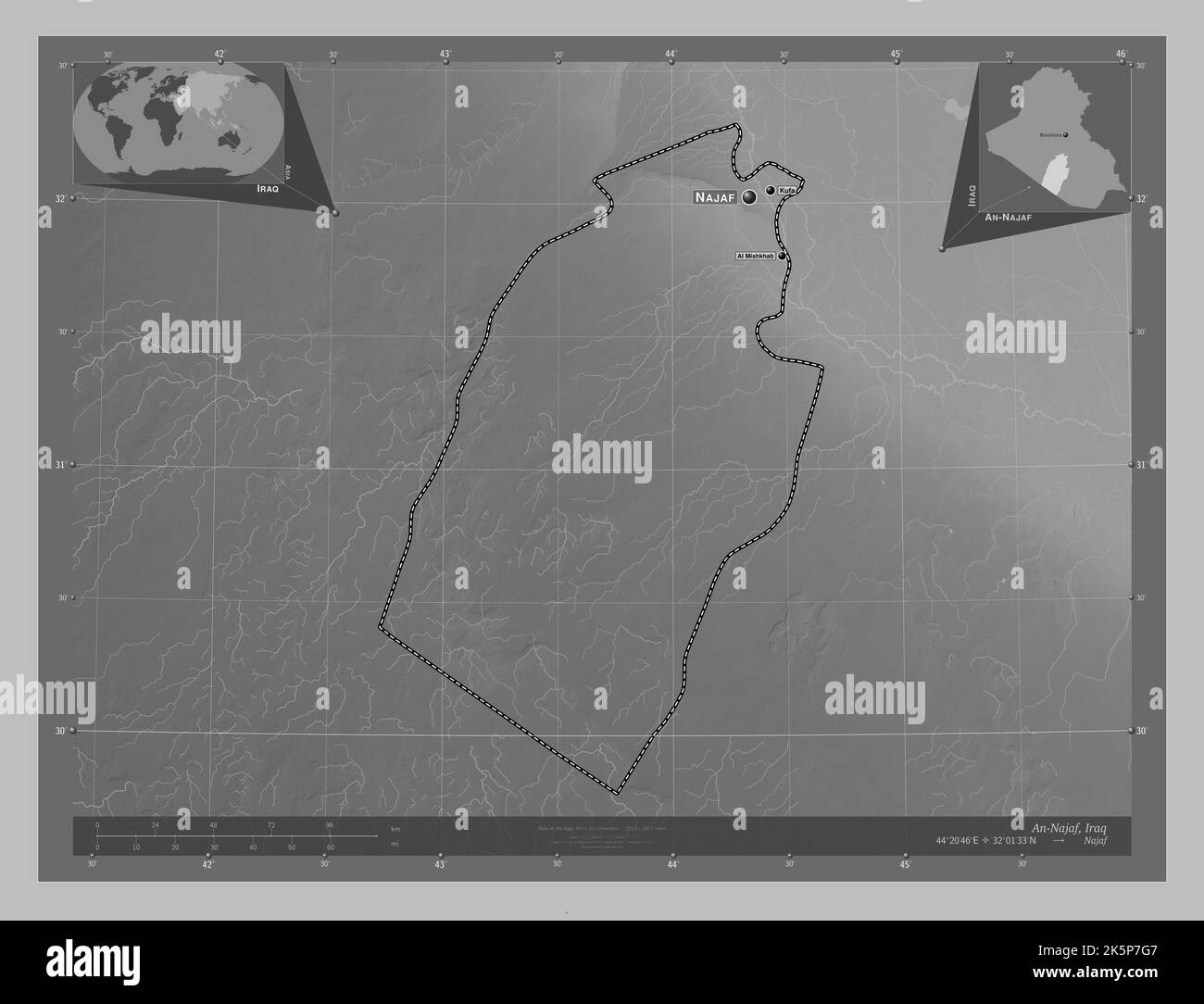 An-Najaf, province of Iraq. Grayscale elevation map with lakes and rivers. Locations and names ...