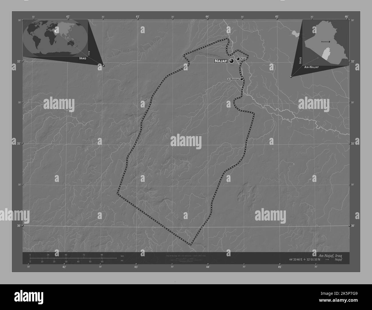 An-Najaf, province of Iraq. Bilevel elevation map with lakes and rivers ...