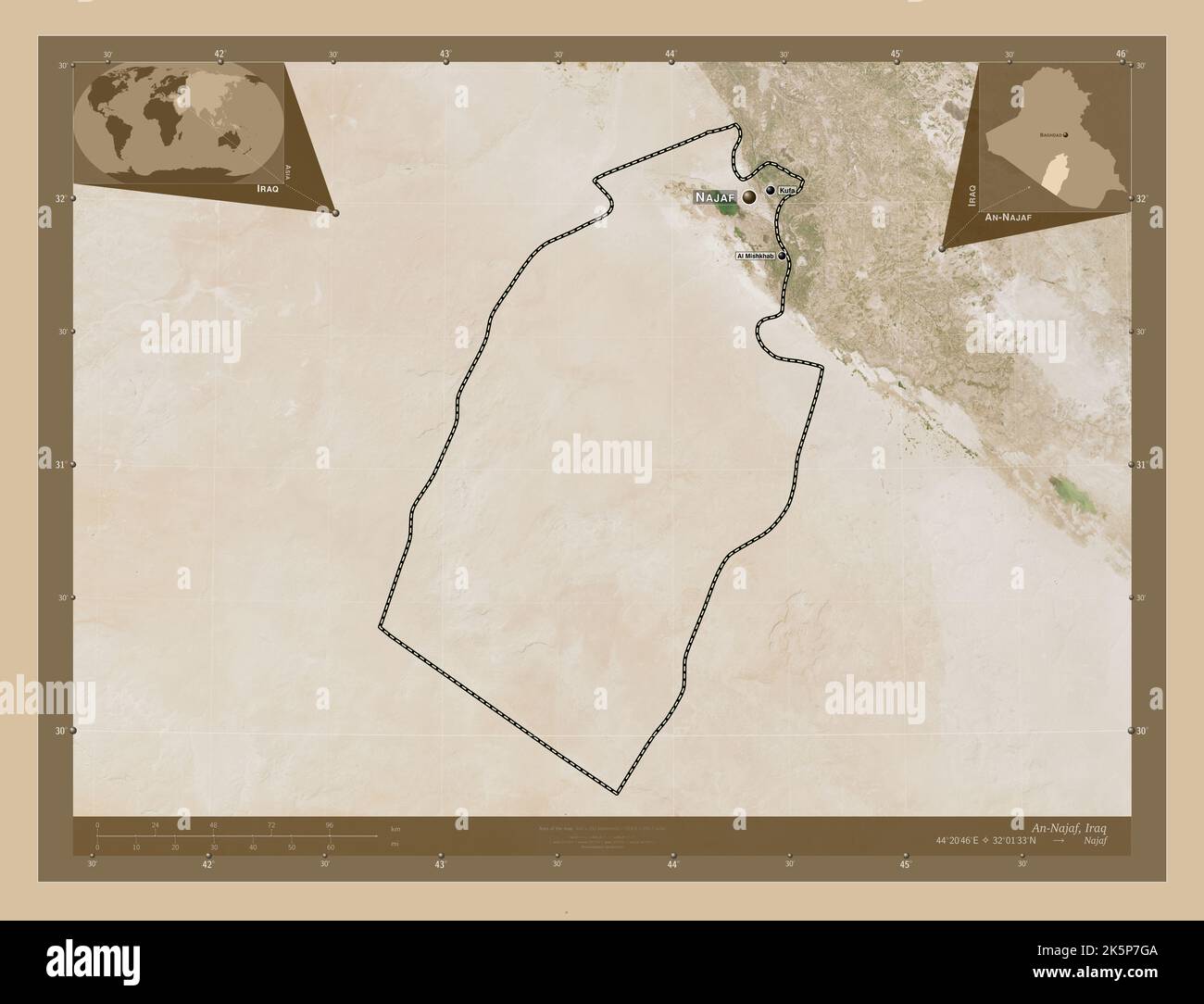An-Najaf, province of Iraq. Low resolution satellite map. Locations and ...