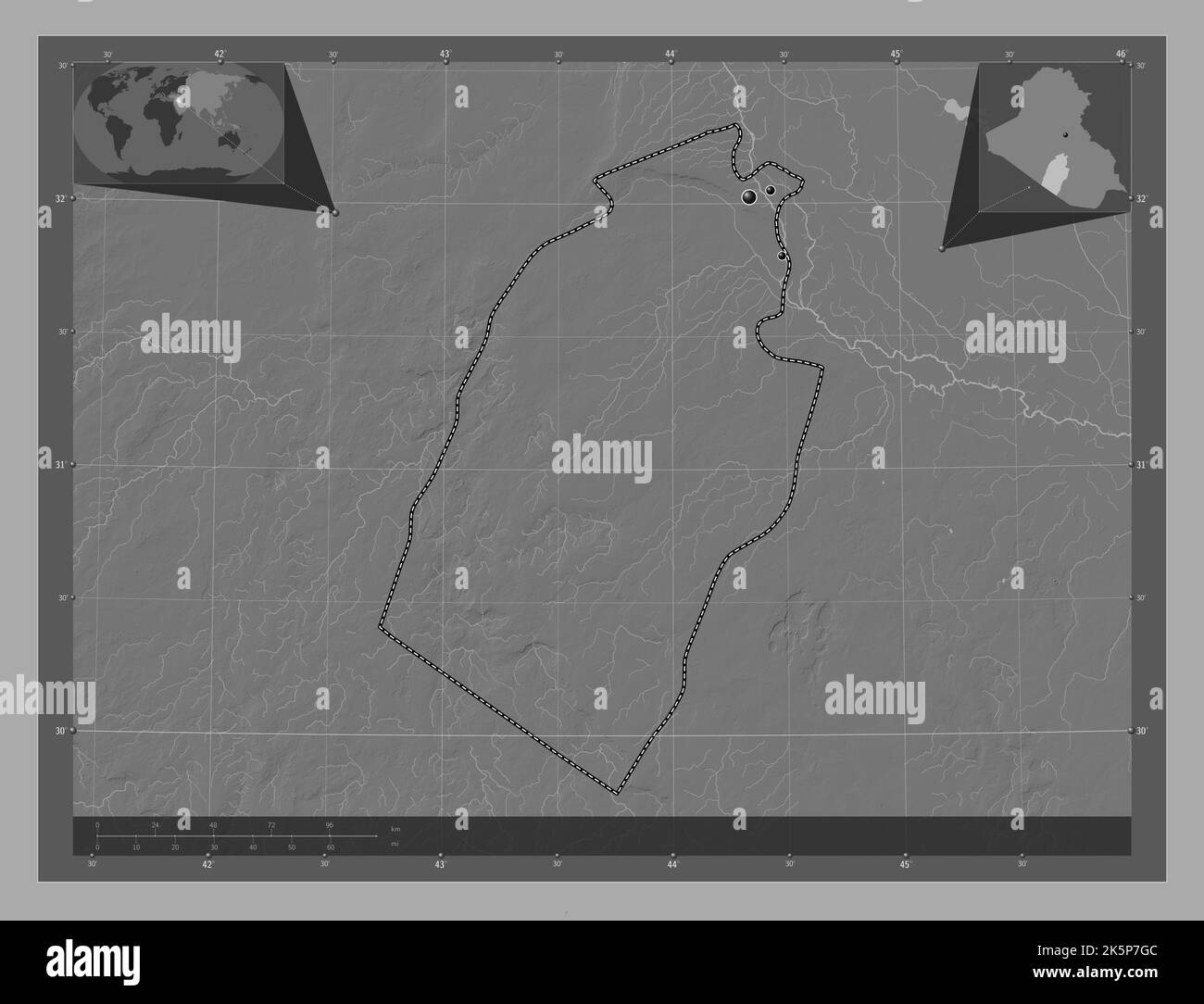 An-Najaf, province of Iraq. Bilevel elevation map with lakes and rivers ...
