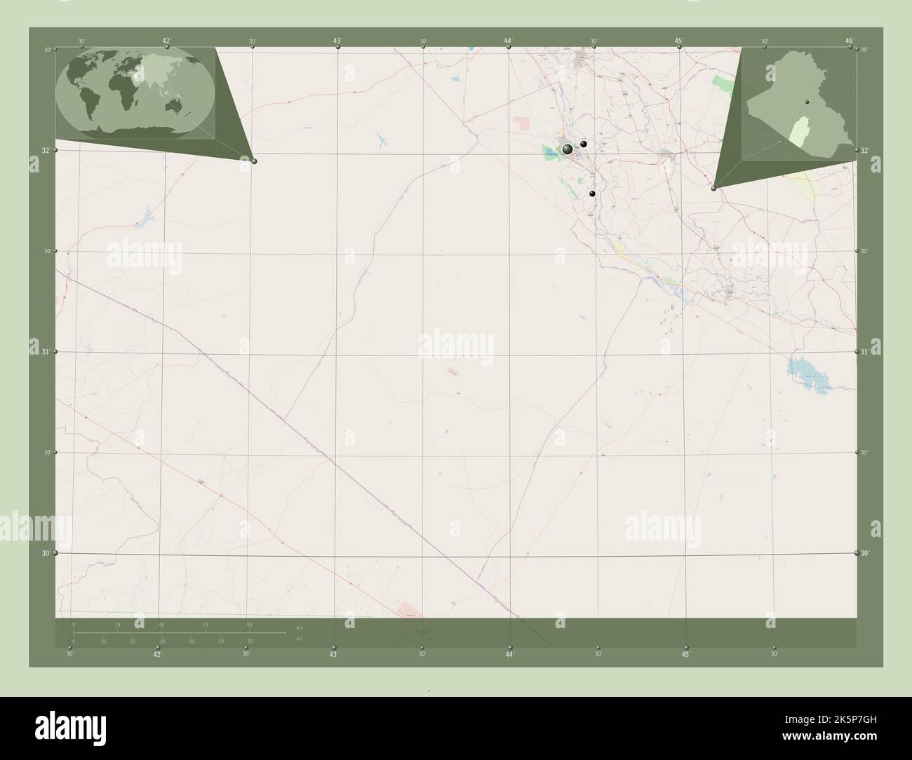 An-Najaf, province of Iraq. Open Street Map. Locations of major cities ...