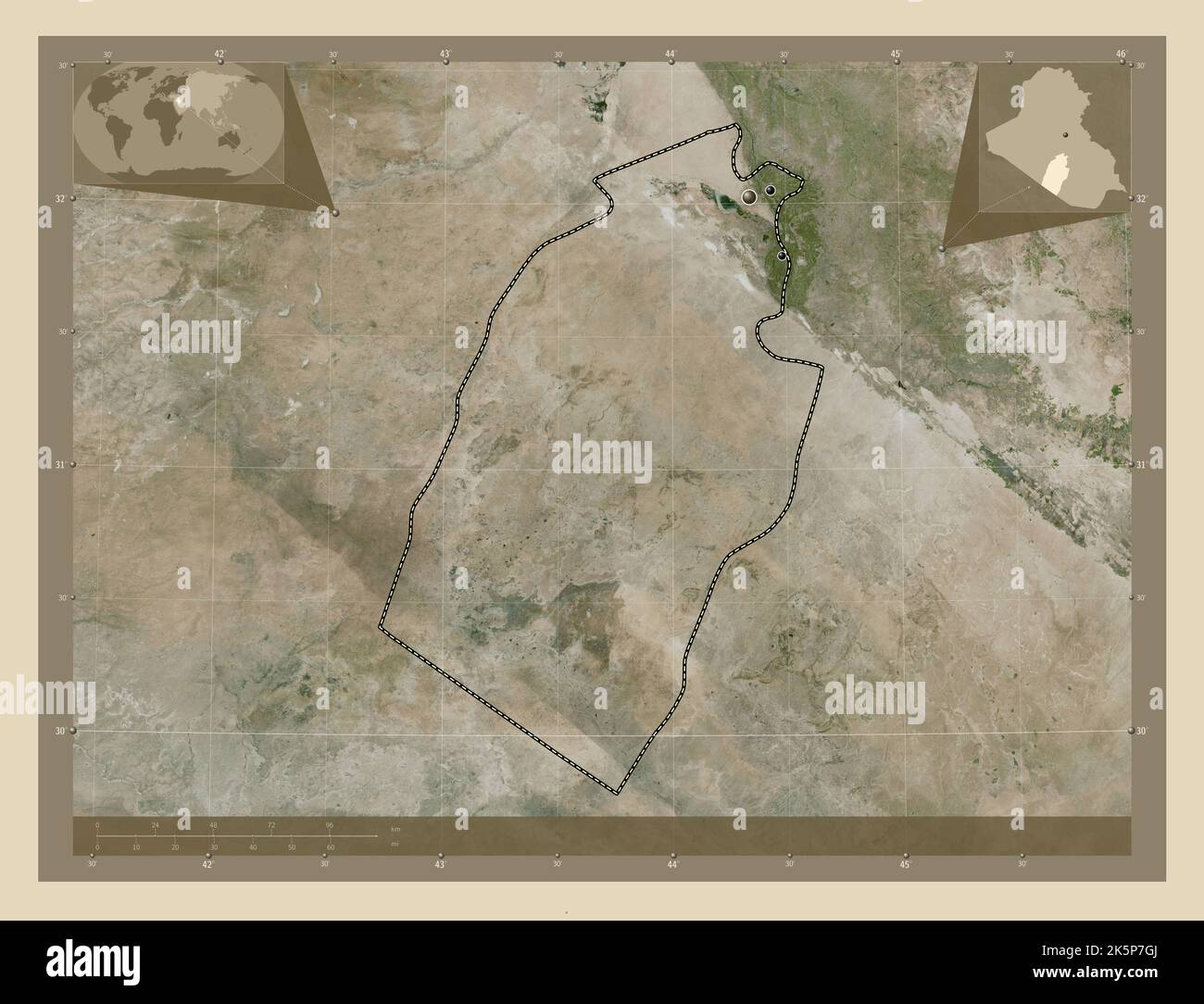 An-Najaf, province of Iraq. High resolution satellite map. Locations of ...