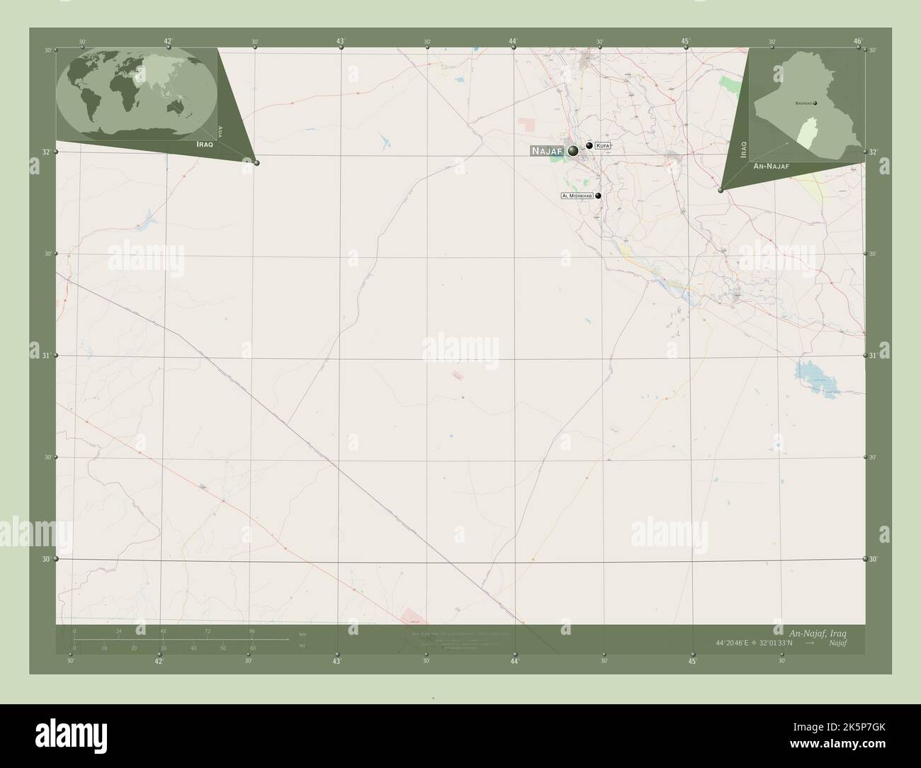 An-Najaf, province of Iraq. Open Street Map. Locations and names of ...