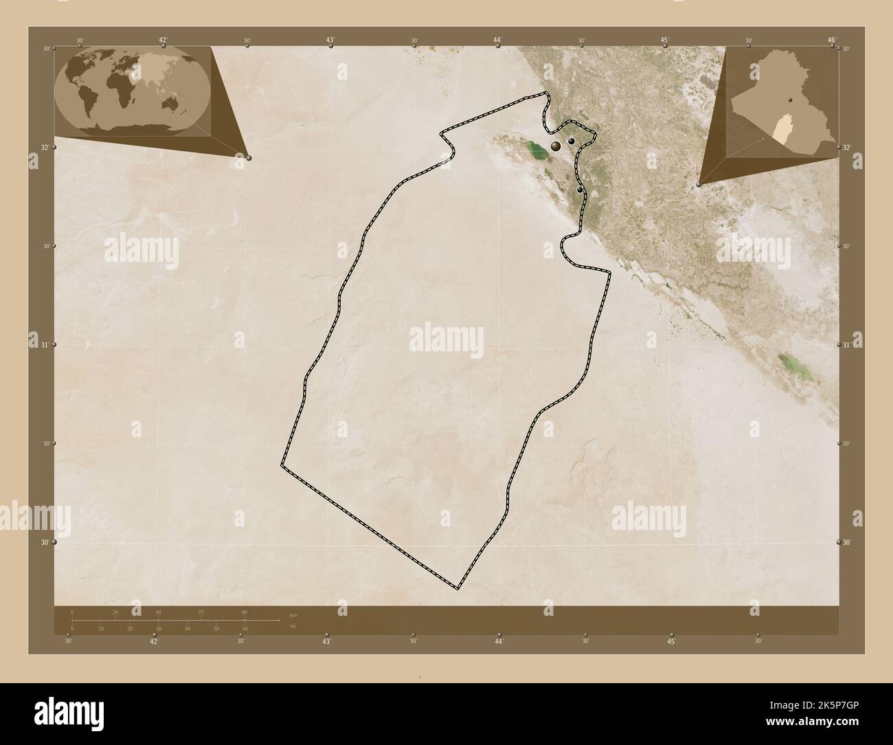 An-Najaf, province of Iraq. Low resolution satellite map. Locations of ...