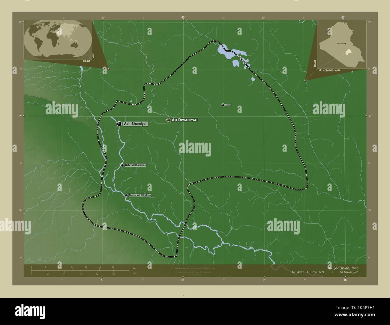 Al-Qadisiyah, province of Iraq. Elevation map colored in wiki style ...