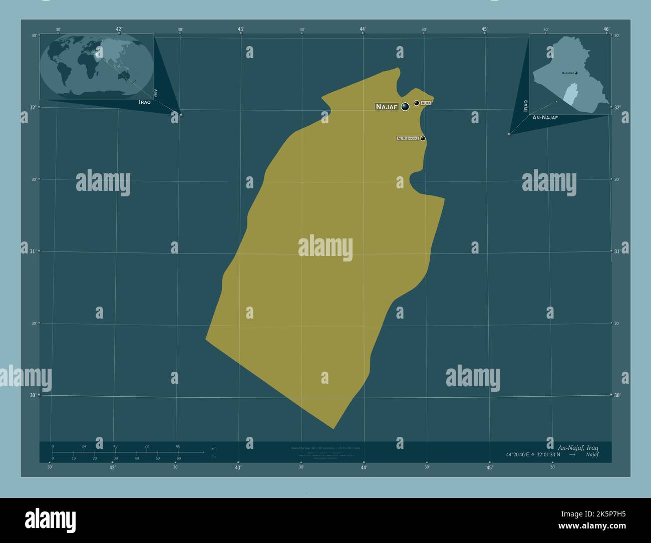 An-Najaf, province of Iraq. Solid color shape. Locations and names of ...
