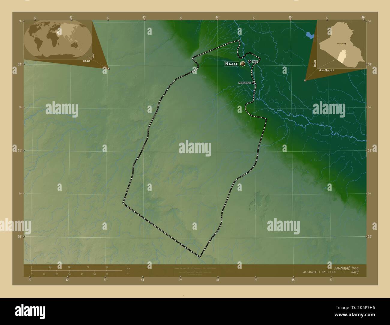 An-Najaf, province of Iraq. Colored elevation map with lakes and rivers ...