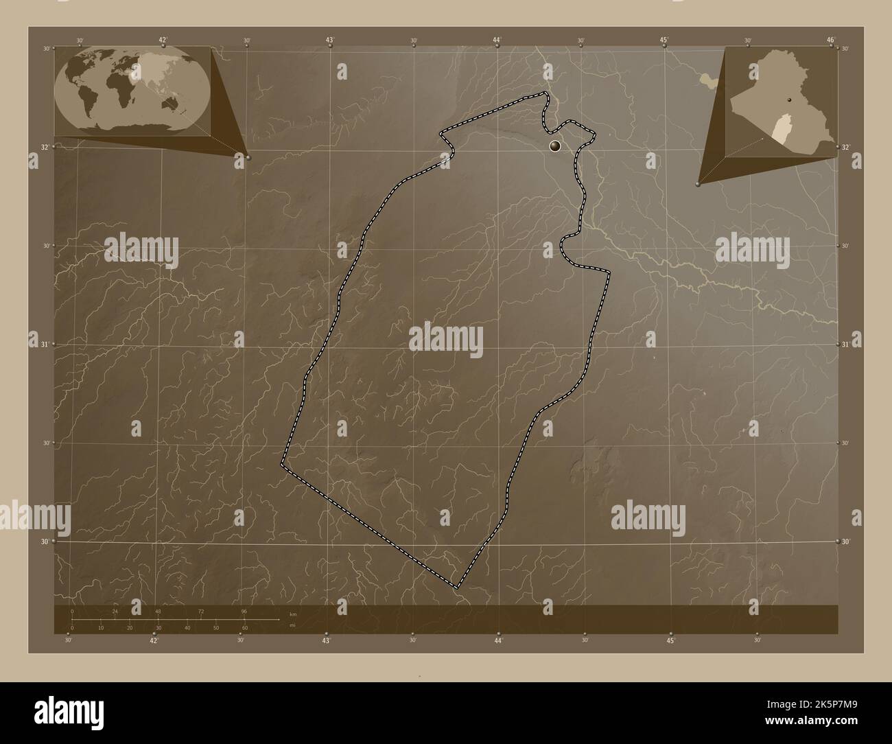 An-Najaf, province of Iraq. Elevation map colored in sepia tones with ...