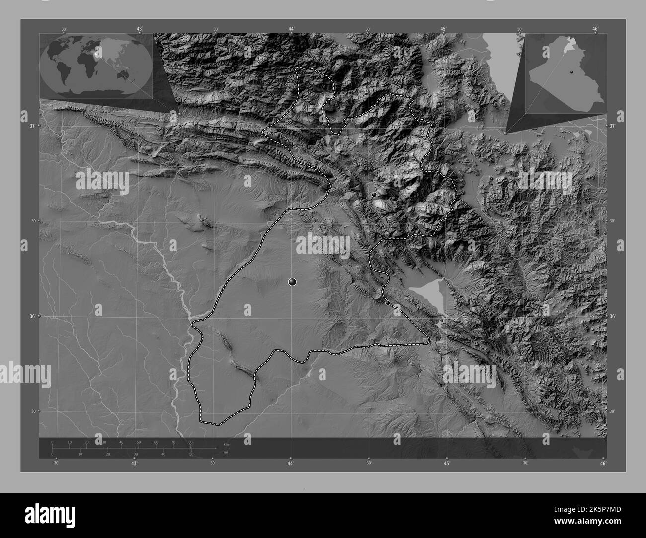 Arbil, province of Iraq. Bilevel elevation map with lakes and rivers ...