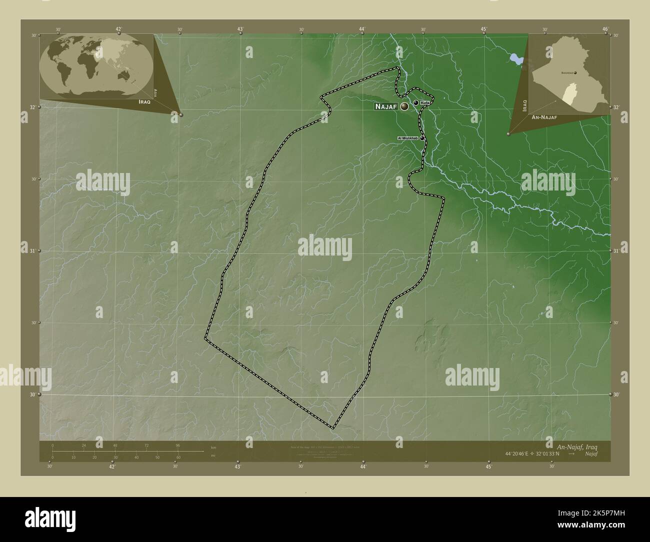 An-Najaf, province of Iraq. Elevation map colored in wiki style with lakes and rivers. Locations ...