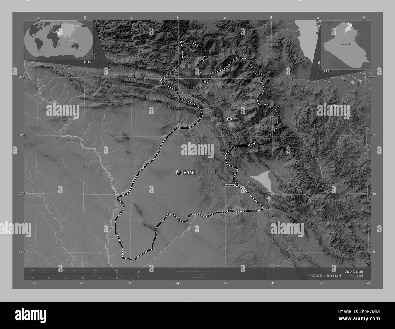 Arbil, province of Iraq. Grayscale elevation map with lakes and rivers. Locations and names of ...