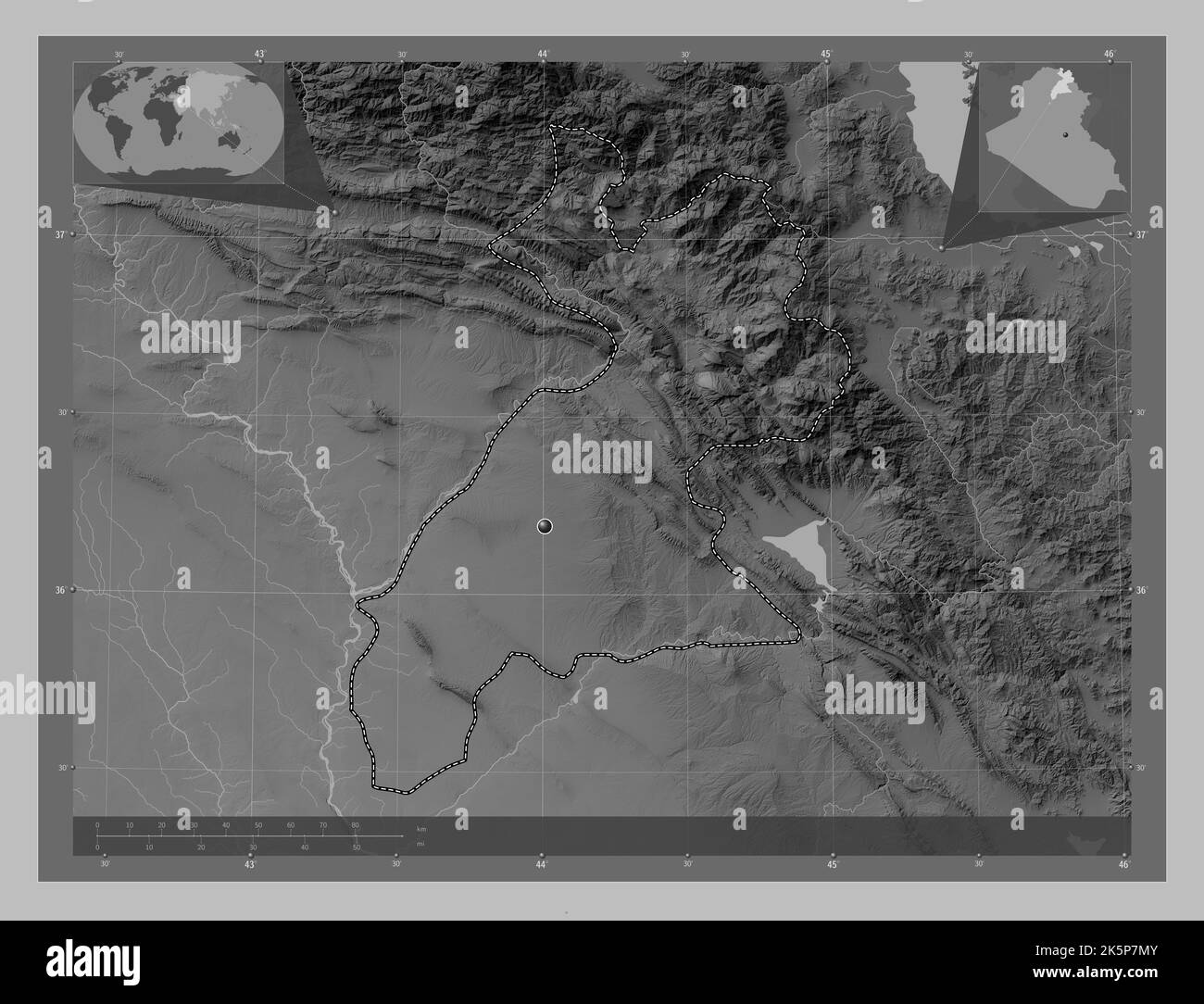 Arbil, province of Iraq. Grayscale elevation map with lakes and rivers ...