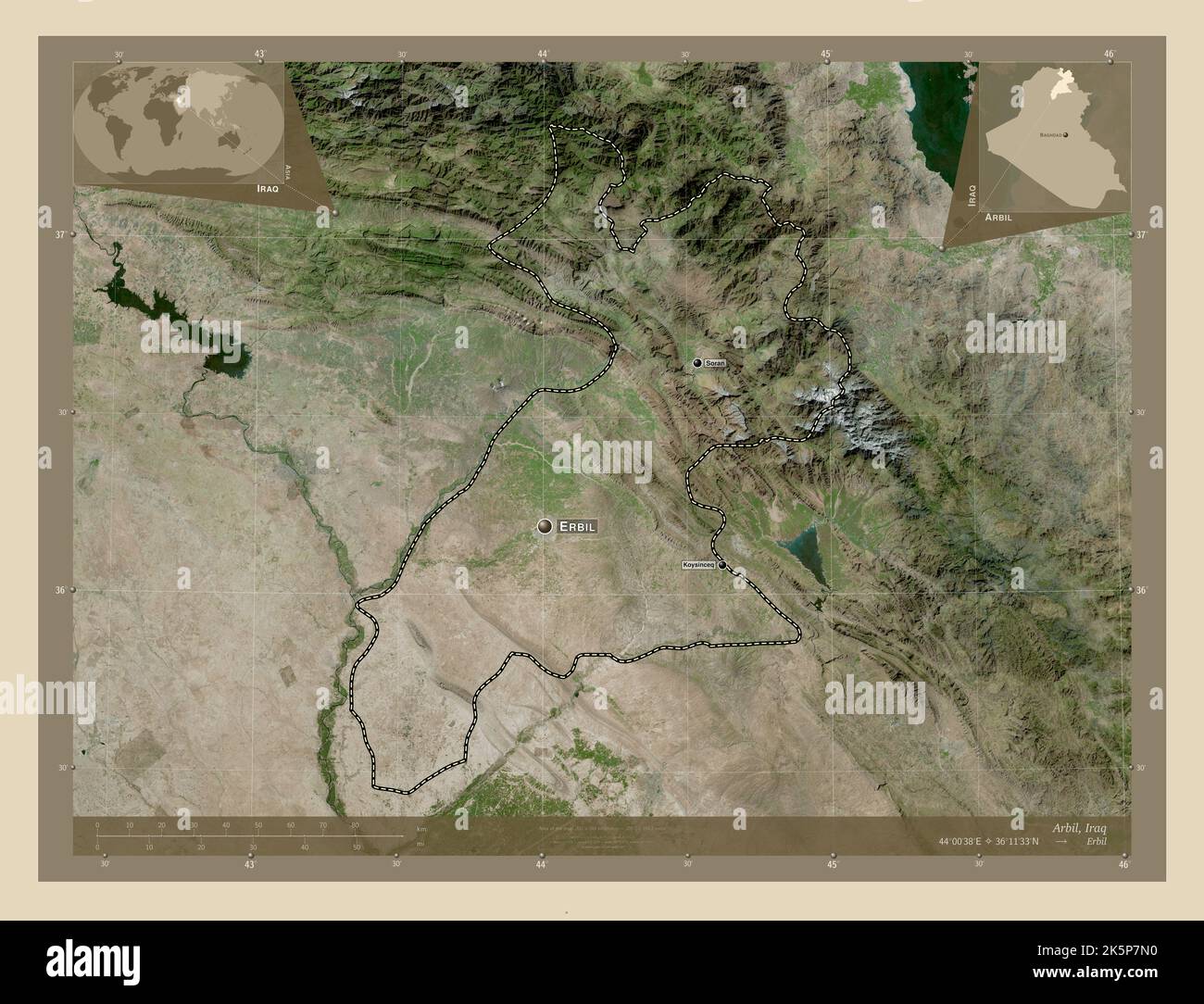 Arbil, province of Iraq. High resolution satellite map. Locations and names of major cities of ...