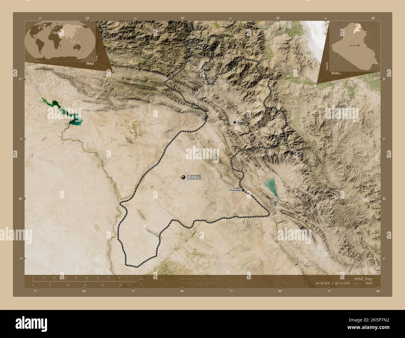Arbil, province of Iraq. Low resolution satellite map. Locations and ...