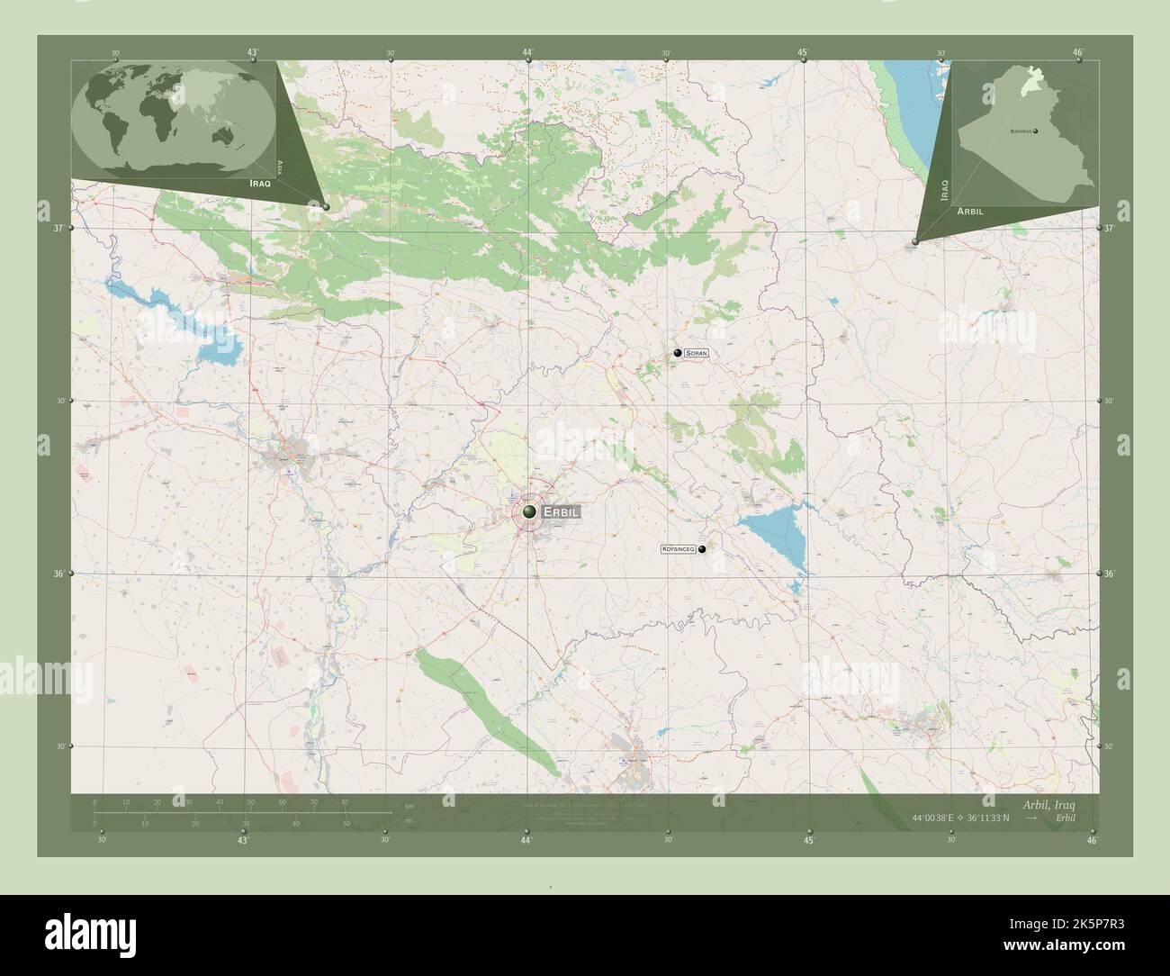 Arbil, province of Iraq. Open Street Map. Locations and names of major ...