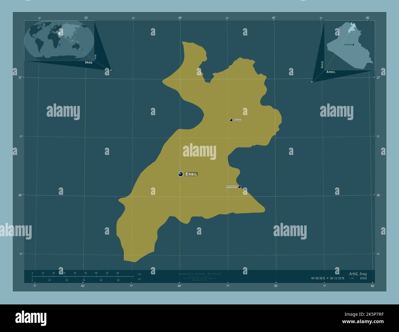 Arbil, province of Iraq. Solid color shape. Locations and names of ...