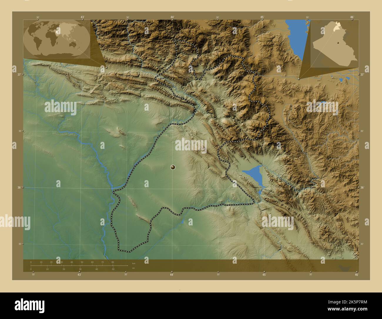 Arbil, province of Iraq. Colored elevation map with lakes and rivers ...
