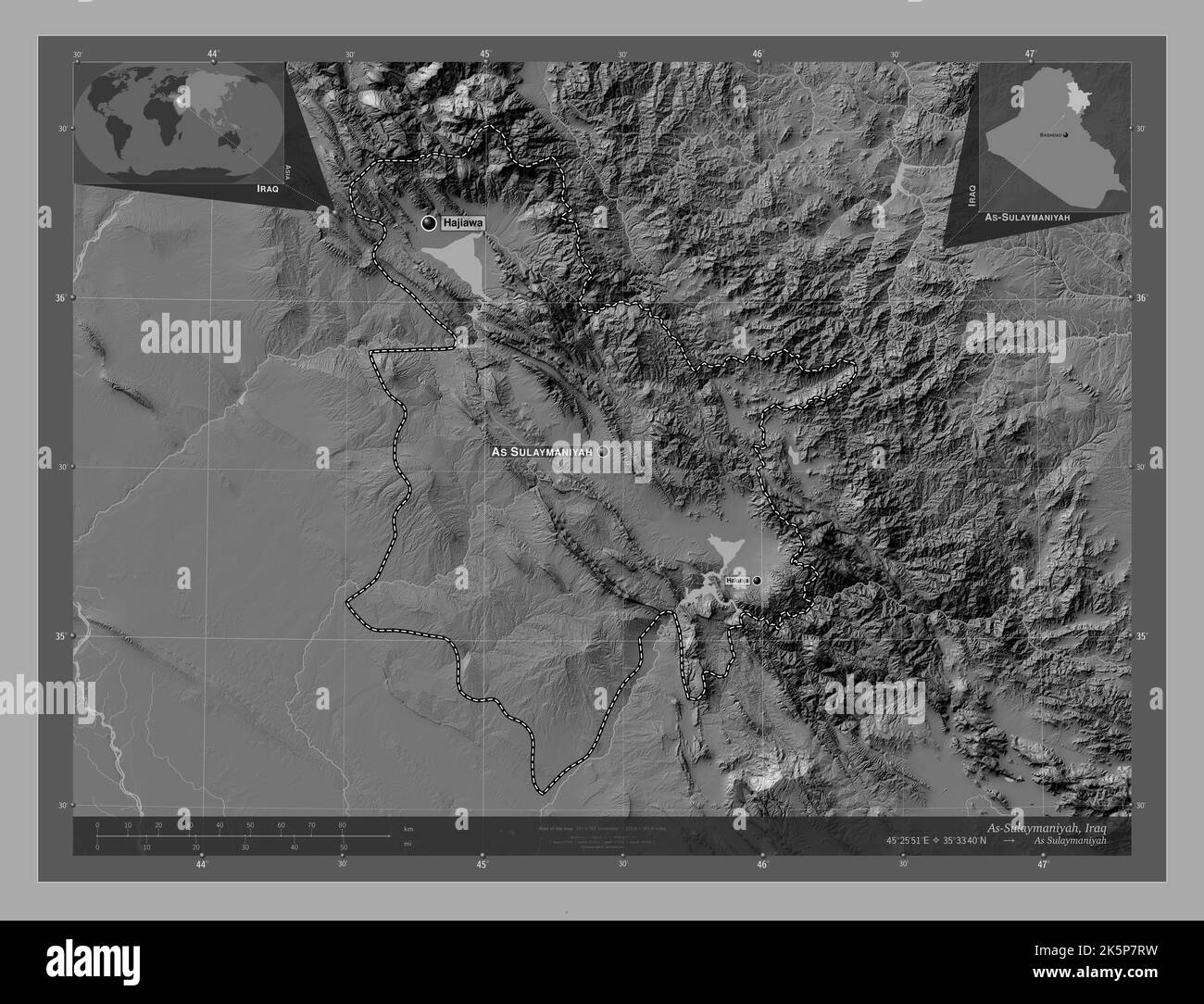 As-Sulaymaniyah, province of Iraq. Bilevel elevation map with lakes and rivers. Locations and ...