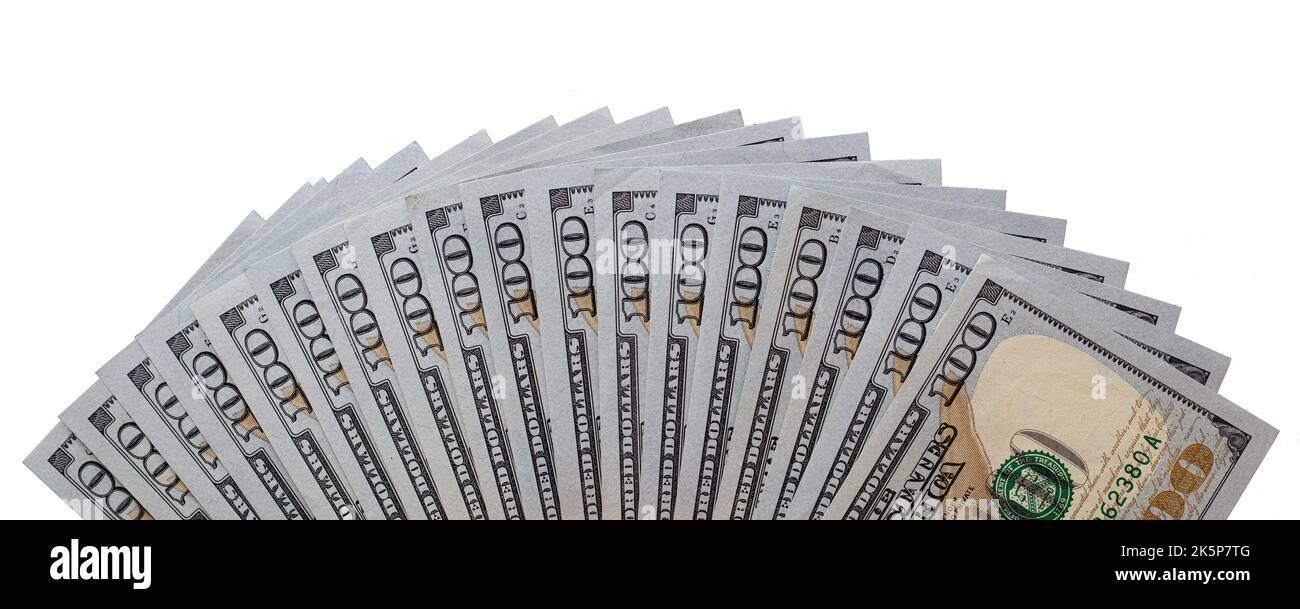 Fan of 100 US dollar banknotes on transparent background Stock Photo ...