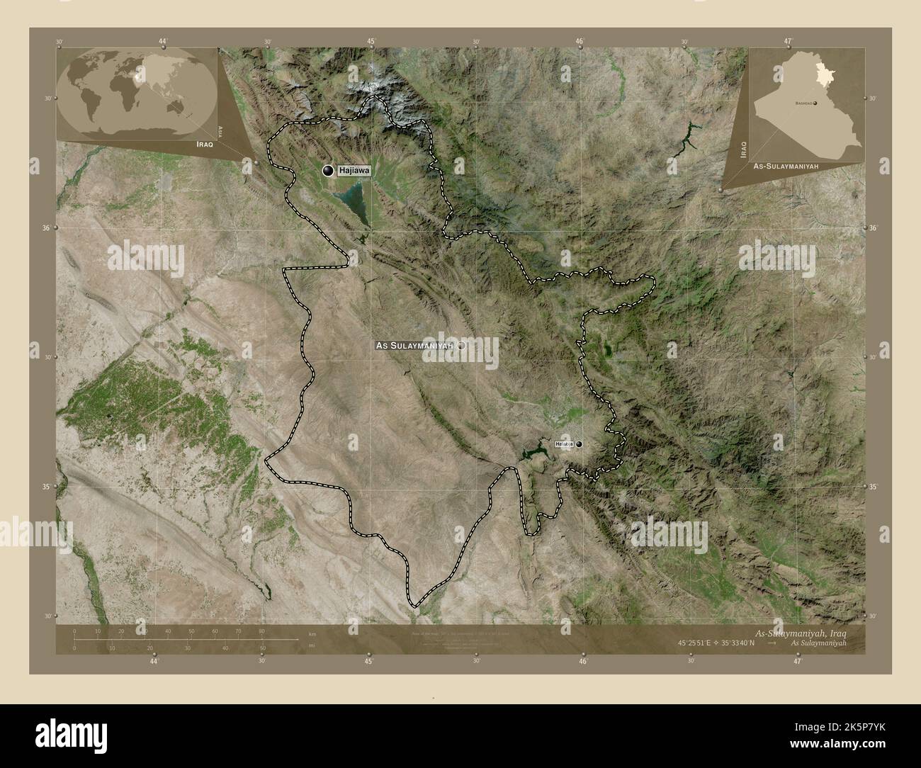 As-Sulaymaniyah, province of Iraq. High resolution satellite map. Locations and names of major ...