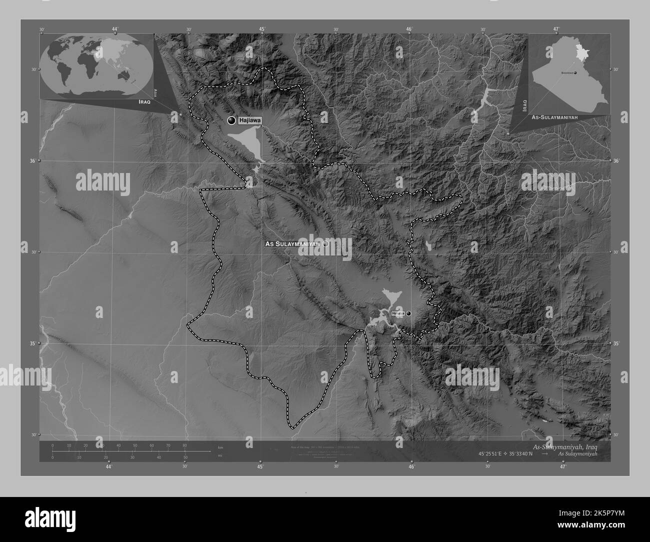 As-Sulaymaniyah, province of Iraq. Grayscale elevation map with lakes and rivers. Locations and ...
