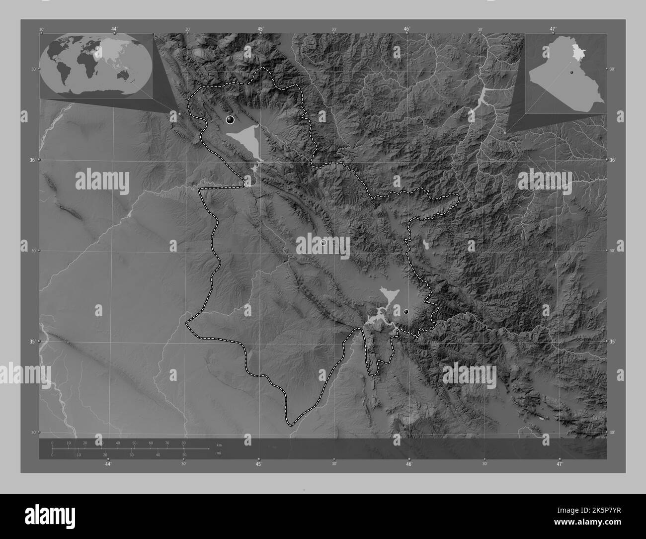 As-Sulaymaniyah, province of Iraq. Grayscale elevation map with lakes ...