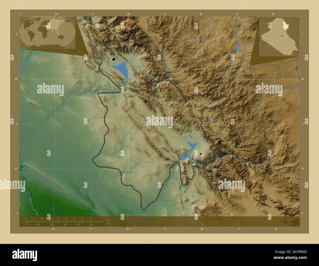 As-Sulaymaniyah, province of Iraq. Colored elevation map with lakes and ...