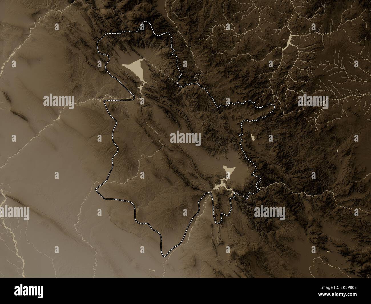 As-Sulaymaniyah, province of Iraq. Elevation map colored in sepia tones ...