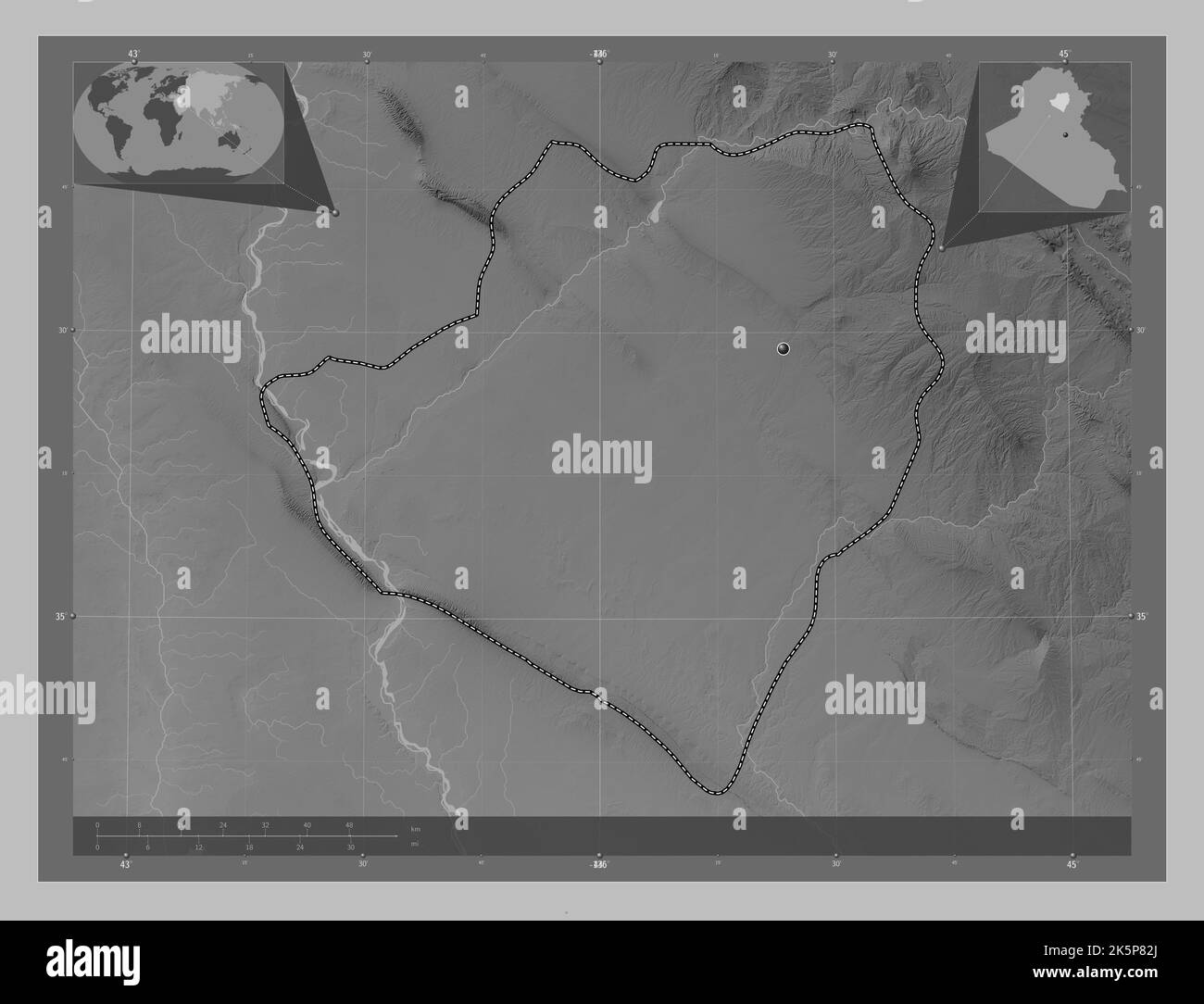 At-Ta'mim, province of Iraq. Grayscale elevation map with lakes and ...