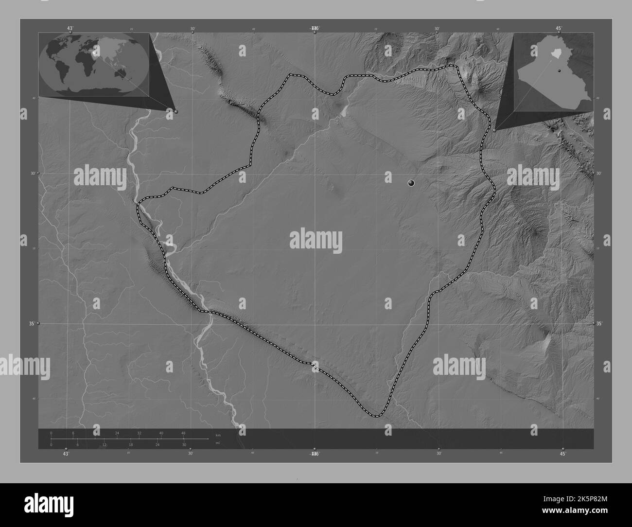 At-Ta'mim, province of Iraq. Bilevel elevation map with lakes and ...